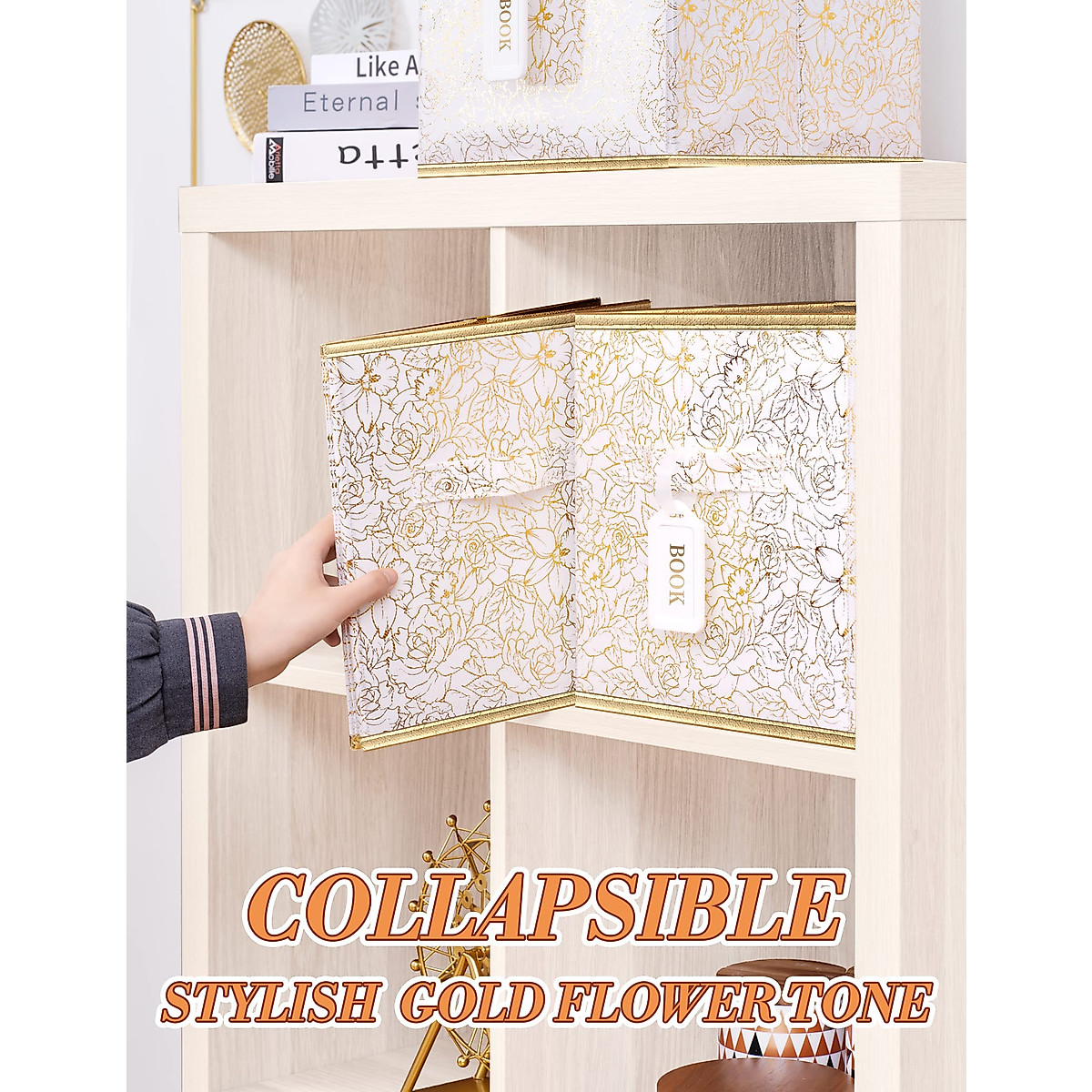 DAMAHOME Collapsible Storage Cube Bins - Fabric Cubby Organizer,Gold Flower Decorative Shelf Basket Dual Handles,11 Inch Metallic Box For Nursery/Home Office/Closet/Kids Room/4-Pack(Flower Gold)