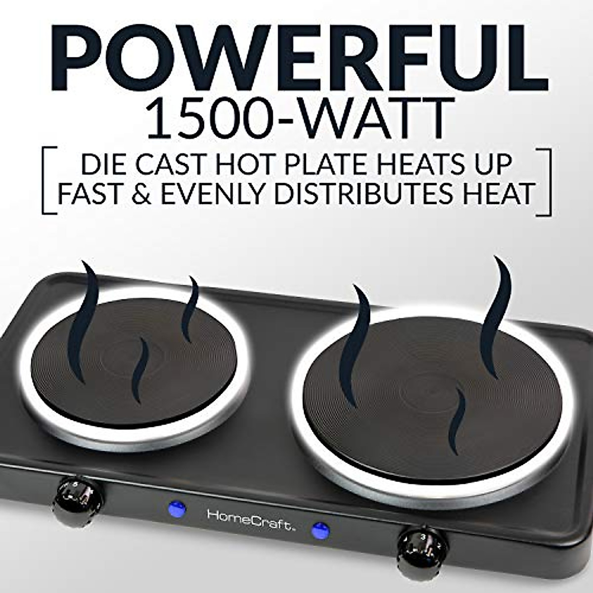 HomeCraft HCDB15BK Portable Countertop Double Burner Hot Plate Electric Cooktop 1500-Watts, Adjustable Temperature Control, Black