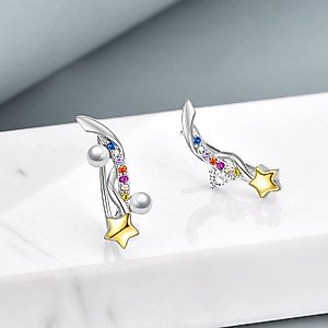 YAFEINI Star Earrings Pair of 2 Different Pearl Ear Climber Earrings 925 Sterling Silver Jewelry Gifts for Her Girlfriend Women