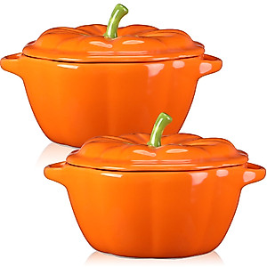 Ziliny 2 Pcs Pumpkin Bowls Ceramic Pumpkin Dish 13 oz Casserole Cookware Serving Pot Pumpkin Safe Oven Pot with Lid and Handle for Fall Halloween Thanksgiving Autumn Cooking Baking Dessert