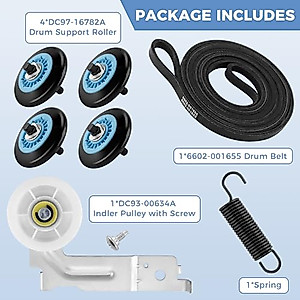 Upgraded DC97-16782A Dryer Parts Fit for Samsung dryer roller replacement kit DV45H7000EW/A2 DV42H5000EW/A3 includes DC97-16782A Dryer Roller 6602-001655 Dryer Belt DC93-00634A Idler Pulley