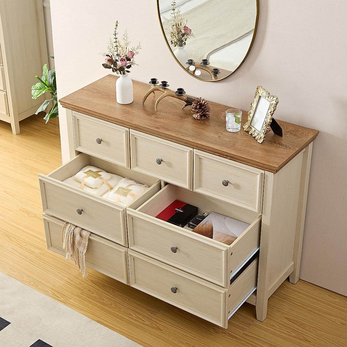 BLANKSPACE 7 Drawer Dresser, Modern Farmhouse Dresser Chest of Drawer for Bedroom, Chest of Drawers Storage Cabinet for Living Room, Entryway, Hallway, Beige
