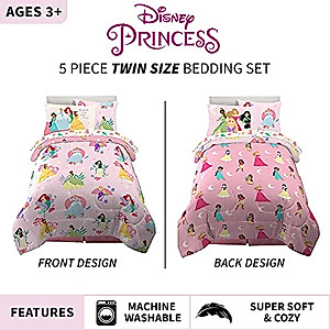 Franco Kids Bedding Super Soft Comforter and Sheet Set with Sham, 5 Piece Twin Size, Disney Princess