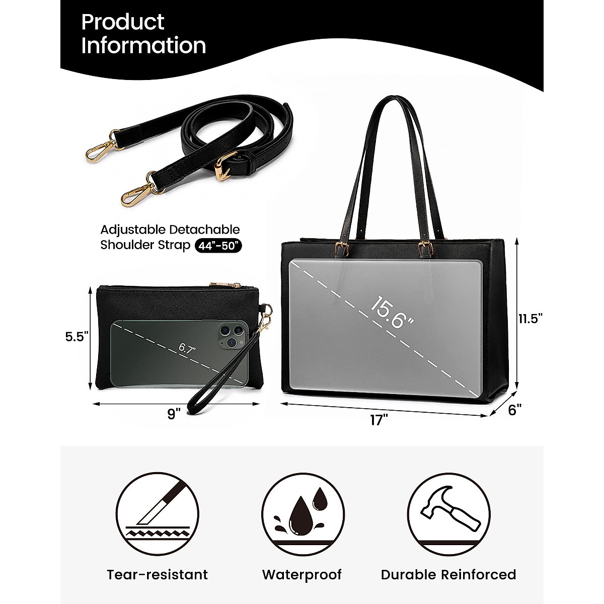 LOVEVOOK Laptop Bag for Women, Fashion Computer Tote Bag Large Capacity Handbag, Leather Shoulder Bag Purse Set, Professional Business Work Briefcase for Office Lady 2PCs, Fit 15.6 Inch Laptop, Black