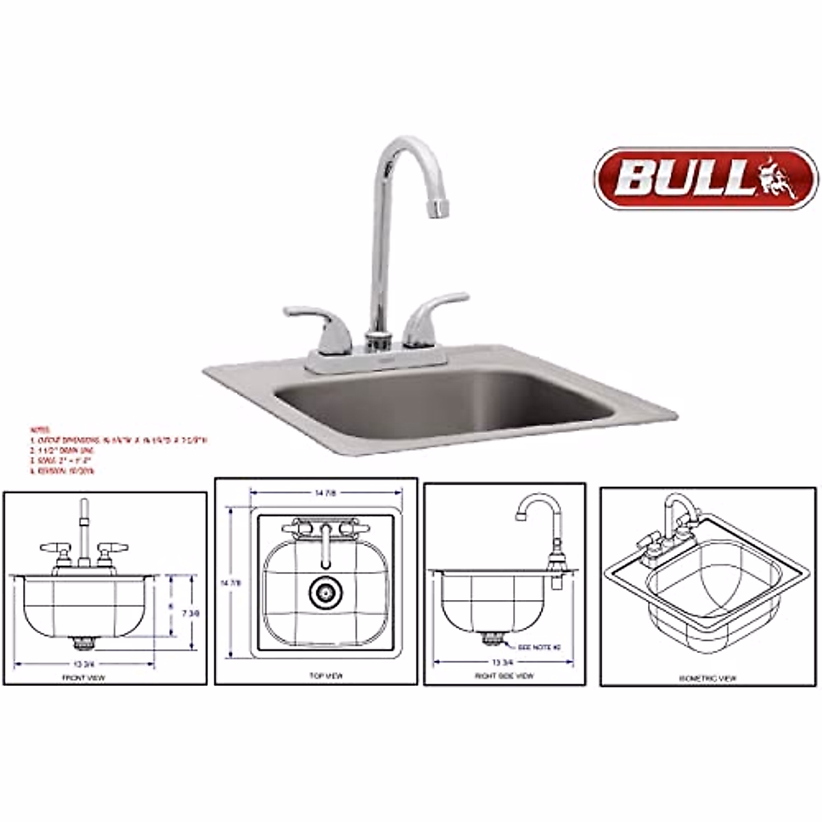 BULL GRILLS The Angus 30" Grill Natural Gas with Single Side Burner, Stainless Steel Sink,Grill Cover, Refrigerator, Door & Drawer Combo with 5 in 1 BBQ Tool Set | FREE Bio-Ethanol Table-top Fire pit