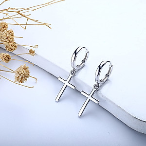 Milacolato S925 Sterling Silver Cross Hoop Earrings 18K White Gold Plated Minimalist Dangle Cross Huggie Cuff Earrings Hypoallergenic Lightweight Trendy Cross Hoop Earrings for Men Women