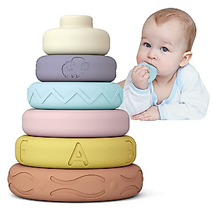 Mini Tudou Baby Blocks & Stacking Circles Toy Set, Baby Sensory Building & Teething Toys Educational Squeeze Play with Animals Shapes Textures Numbers, Best for Toddlers Babies 6m+