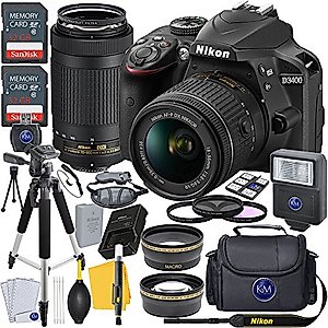 Nikon D3400 DSLR Camera (Black) w/ 18-55mm & 70-300mm Lens + 2 X 32GB Card + Deluxe Photo Bundle