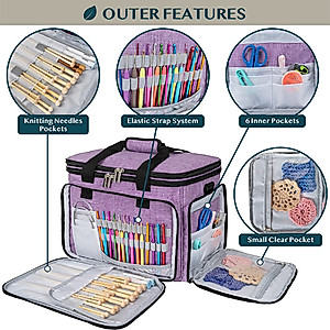 PAVILIA Knitting Bag Yarn Storage Tote - Crochet Organizer Bag, Yarn Storage Holder with Dividers for Knitting Accessories, Yarn Skiens, Needles, Hooks, Unfinished Project (Heather Purple)