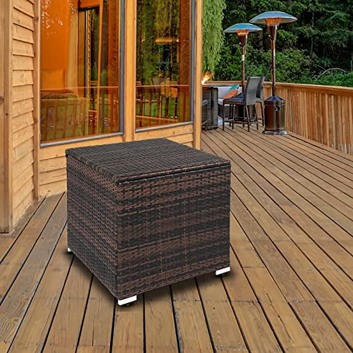 VINGLI 88 Gallon Outdoor Rattan Deck Box w/Adjustable Feet, Patio Wicker Storage Box for Tools and Toys Storage, Garden Deck Storage Bin for Garden, Balcony, Porch, Pool, Yard (Brown)