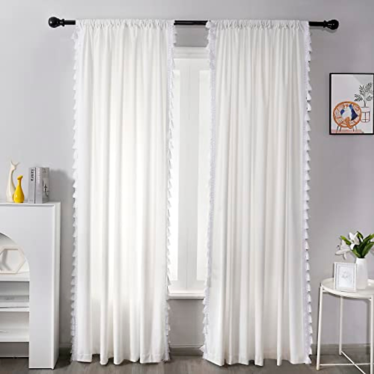 HLISFHIE White Velvet Curtains 90 inches Long Blackout Curtains for Bedroom Rod Pocket Window Curtains with Tassels Light Blocking Thermal Insulation Drapes for Living Room Set of 2 Panels 52”x90”