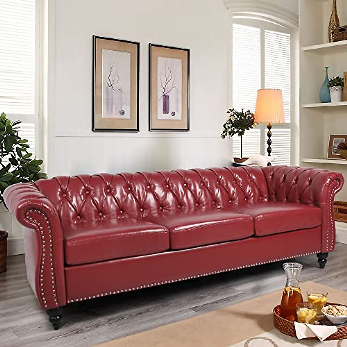 wirrytor Chesterfield Classic Sofa, Modern Leather 3 Seater Sofa, Upholstered Tufted Back Settee Couch with Rolled Arms Nailhead Trim for Living Room Bedroom(Burgundy)