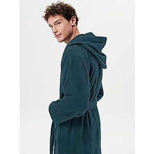 SIORO Terry Cloth Robes for Men Cotton Towel Hooded Bathrobe Long Bath Big & Tall Loungewear Bathroom Swimming Pool Bath Fluffy House Coat, Ink Blue X-Large