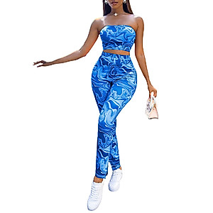 OYOANGLE Women's 2 Pieces Outfit Marble Print Crop Tube Top and High waist Legging Workout Yoga Set Royal Blue L