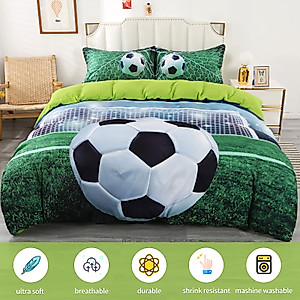 ENJOHOS Green Kids Duvet Cover Queen, 3 Piece 3D Soccer Bedding for All Season, Sports Theme Microfiber Comforter Cover Set with 2 Pillowcase（No Comforter No Fitted Sheet）