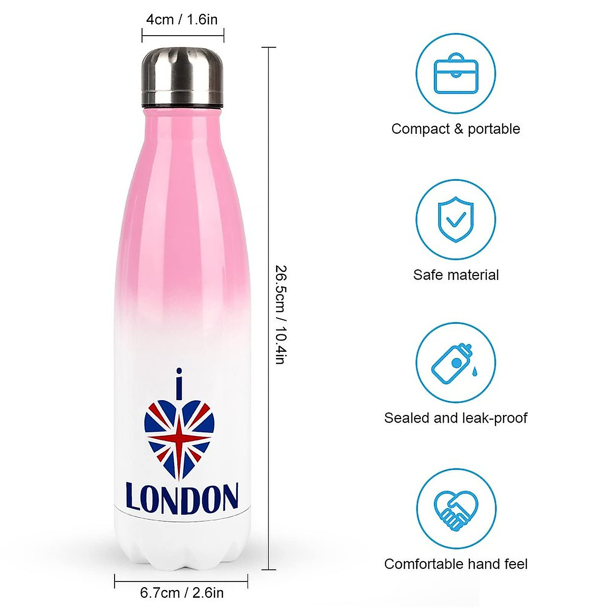 I Love London Stainless Steel Water Bottle with Lid Insulated Sport Bottle for Travel Picnic Camping 17 Oz
