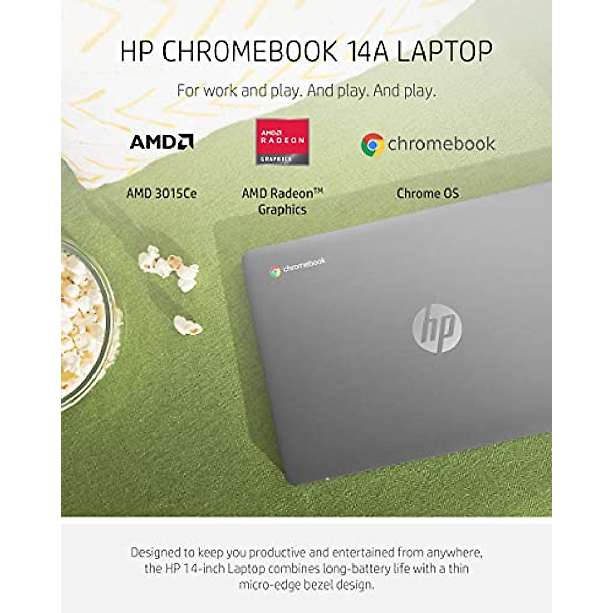 HP Chromebook 14a Laptop, AMD 3015Ce Processor, 4 GB RAM, 32 GB eMMC Storage, 14-inch Micro-Edge HD Display, Google Chrome OS, Anti-glare Screen, Long-Battery Life (14a-nd0010nr, 2021, Mineral Silver)