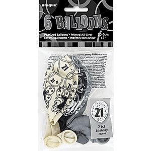 Unique Party 80893-12" Latex Glitz Black and Silver 21st Birthday Balloons, Pack of 6