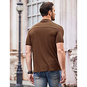 COOFANDY Men Knit Shirts Short Sleeve Button Down Shirts Summer Shirts Cuban Collar Beach Shirts Brown