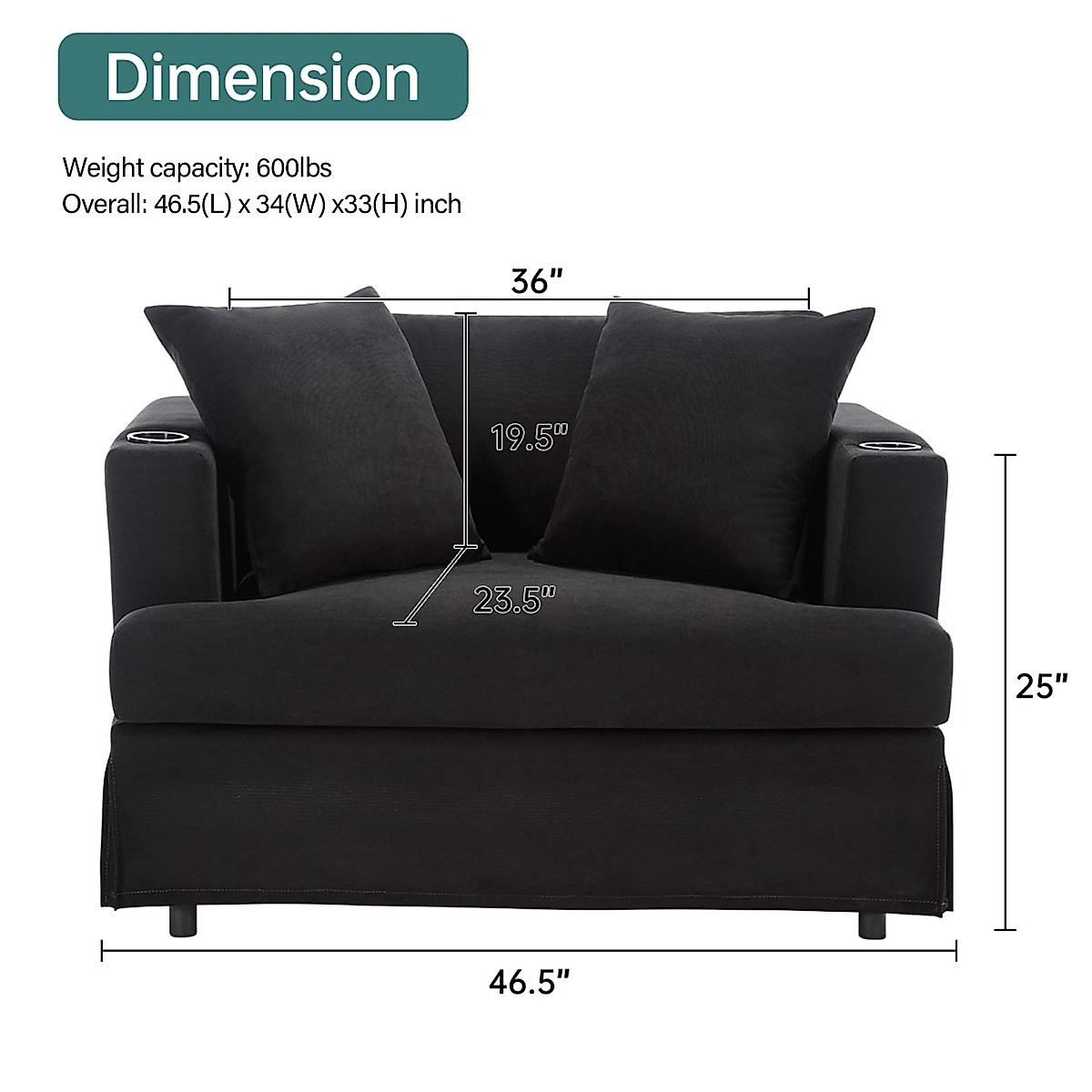 ASAHREE 47'' Mid Century Oversized Reading Armchair, Corduroy 2 Seater Upholstered Sofa Loveseat with 2 Cup Holder, Comfy Modern Accent Chair for Bedroom, Living Room, Black