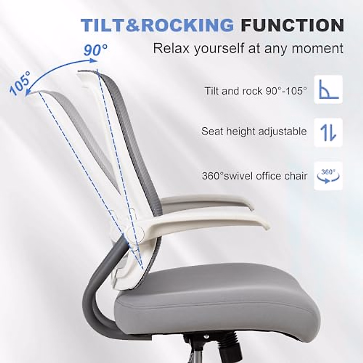 Home Office Desk Chair with Flip Up Armrest, Lumbar Support, Soft Sponge Seat, Breathable Mesh Mid Back Computer Chair, Swivel Task Chair, 300LBS Weight Capacity, Grey