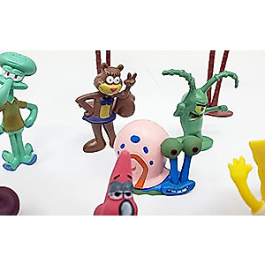 Birthday Celebrations Spongebob Squarepants 2" Figure Play Set of 14 Featuring Squidward, Sandy Cheeks, Patrick Star, Mr. Krabs, Plankten with Palm Trees, Treasure Chest and More (Unique Design)