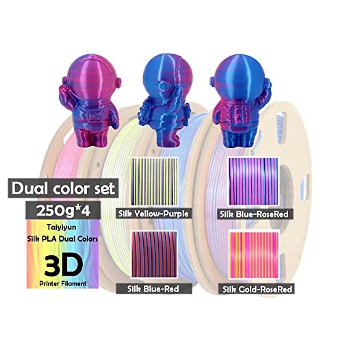 Taiyiyun 3D PLA Filament 1.75mm Bundle, Dual Color Filament PLA Dimensional Accuracy +/- 0.03 mm 3D Printing Filament, Color Changing PLA Silk Filament 250g*4 Spools
