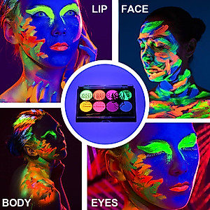 MEICOLY Glow UV Blacklight Face Paint, 8 Bright Colors Neon Fluorescent Body Painting Palette,Water Activated Eyeliner,Water Based Glow In The Dark Party Halloween Washable for Kids Adult Body Paint