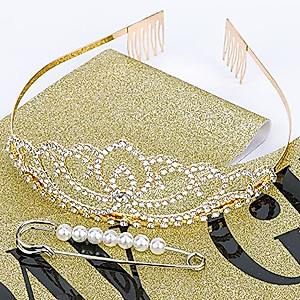 FASOTY Birthday Crown and Birthday Girl Sash Birthday for Women Crowns Tiara for Women and Birthday Sash for Women Birthday Decorations for Girls Rhinestone Crown Princess Birthday Decorations Gold