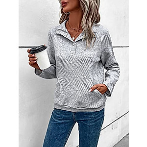 GORGLITTER Women's V Neck Sweatshirt Quilted Pullover Long Sleeve Knit Collar Pullover Tops Fall Clothes Light Grey Small