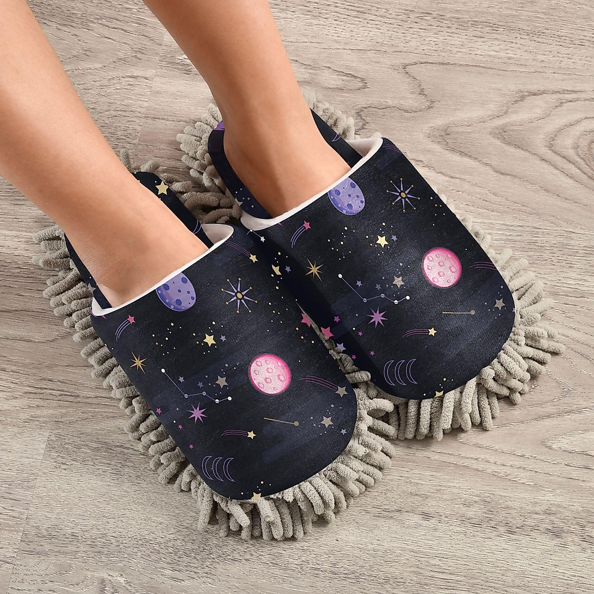 FLildon Microfiber Cleaning Slippers Space Galaxy Washable Mop Shoes Slipper for Men/Women House Floor Dust Cleaner, Size L