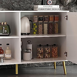 FAMAPY Modern Sideboard Buffet Storage Cabinet with Doors, Wood Buffet Table Kitchen Storage Cabinet with Gold Metal Legs, White (46.2”W x 15.6”D x 28.6”H)