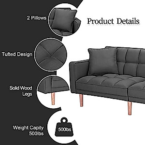 QSSLLC Futon Sofa Bed Convertible Loveseat, Sleeper Sofa with 2 Pillows and Solid Wood Legs, 76 inchL Sofa Couch for Compact Living Space, Apartment, Dorm - Dark Gray