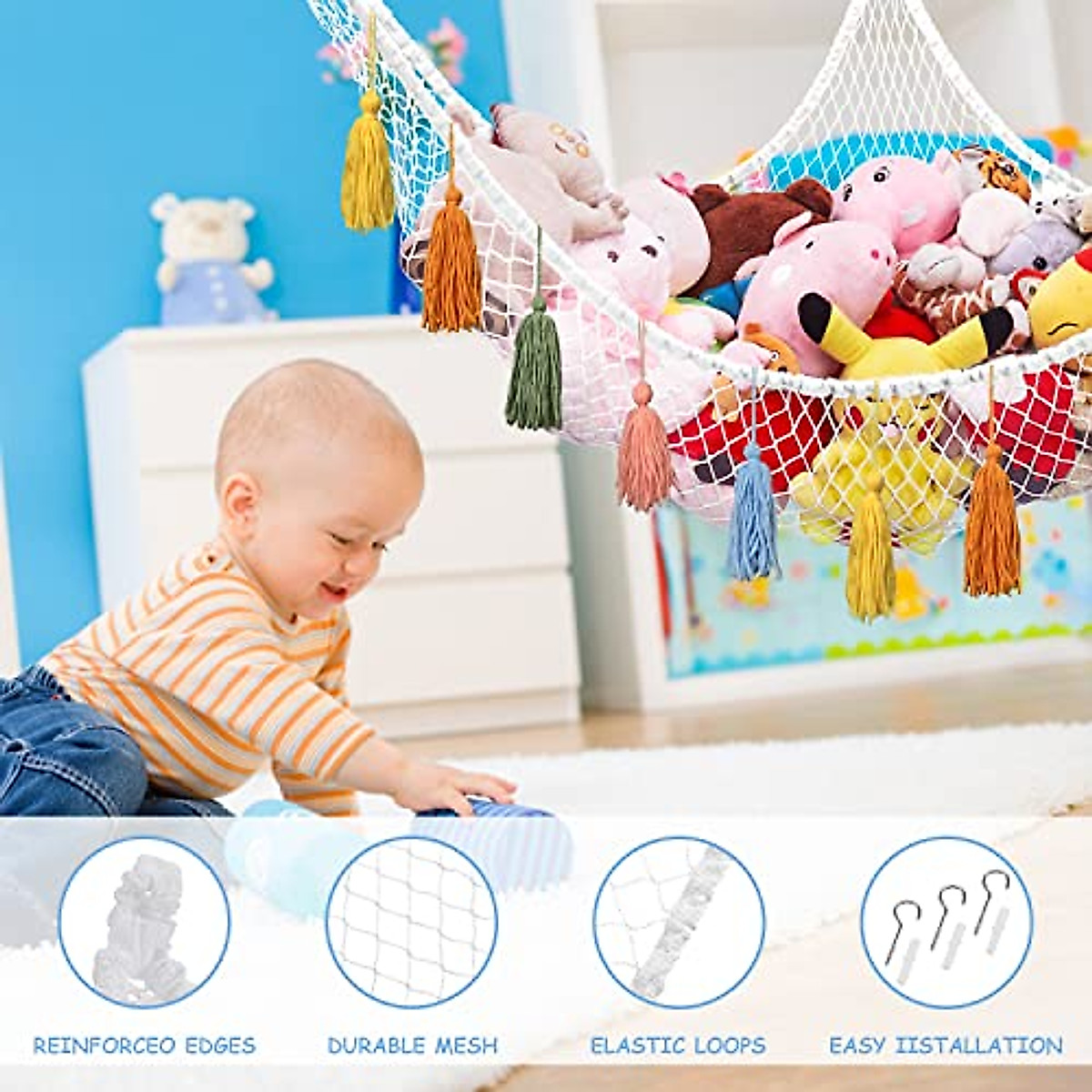 LXUNYI Stuffed Animal Net or Hammock, Net for Stuffed Animals, Plush Toy Net Hammock for Stuffed Animals with Tassels Corner Hanging Mesh Toys Stuffy Net Hammock for Wall