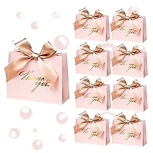 25 Pack Thank You Gift Bag, Small Pink Gift Bags with Gold Ribbon, Baby Shower Party Favor Boxes, Paper Treat Bag Bulk Mini Party Gift Boxes for Birthday Wedding Bridal Shower Business