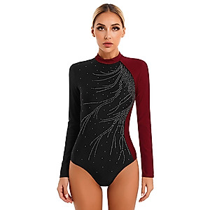 TiaoBug Women's Shiny Rhinestone Figure Skating Leotard Long Sleeves Ballet Dance Gymnastics Leotard Performance Dancewear Burgundy X-Large
