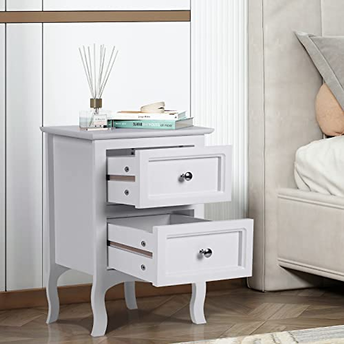 VERYKE White Nightstand Set of 2 with 2 Drawers Small Bed Side Cabinet Storage with Metal Handle Farmhouse Night Stands for Small Spaces,Living Room,Bedroom