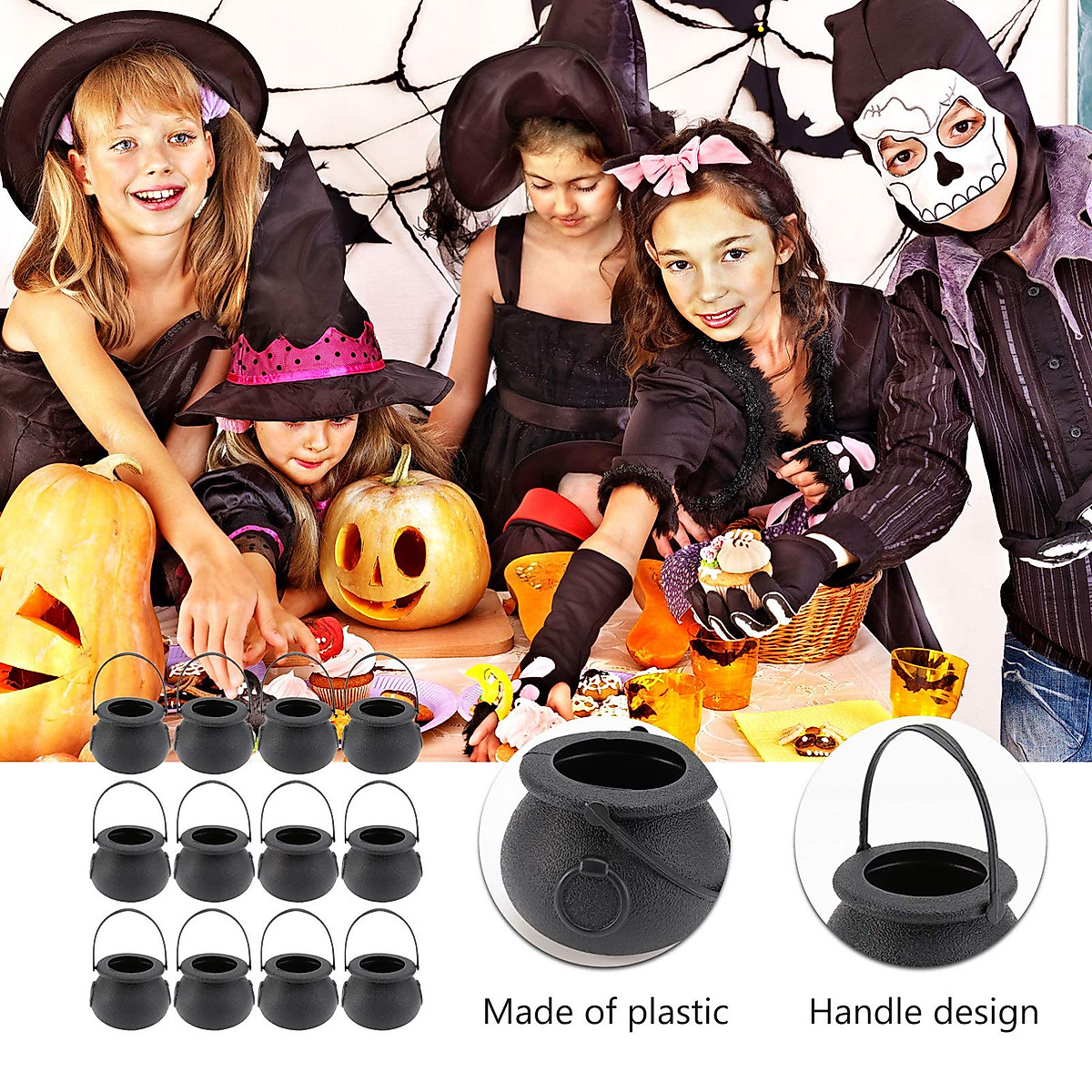 SEWACC 12 pcs 5x7cm Cauldron Kettles Handle Halloween Party Candy Buckets Witch Cauldron Decorations Hanging Props