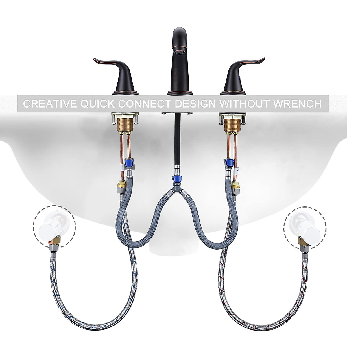 WOWOW Widespread Bathroom Faucet Oiled Rubbed Bronze Bathroom Sink Faucet 3 Hole Vanity Faucet 2 Handle Basin Faucet 8 Inch Mixer Tap with Pop Up Drain and Supply Hose