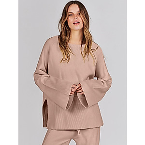 ANRABESS Womens 2 Piece Outfits Oversized Knit Sweater Set Wide Leg Pant Cozy Lounge Matching Pajama Sets 2024 Trendy Clothes Deep Apricot X-large