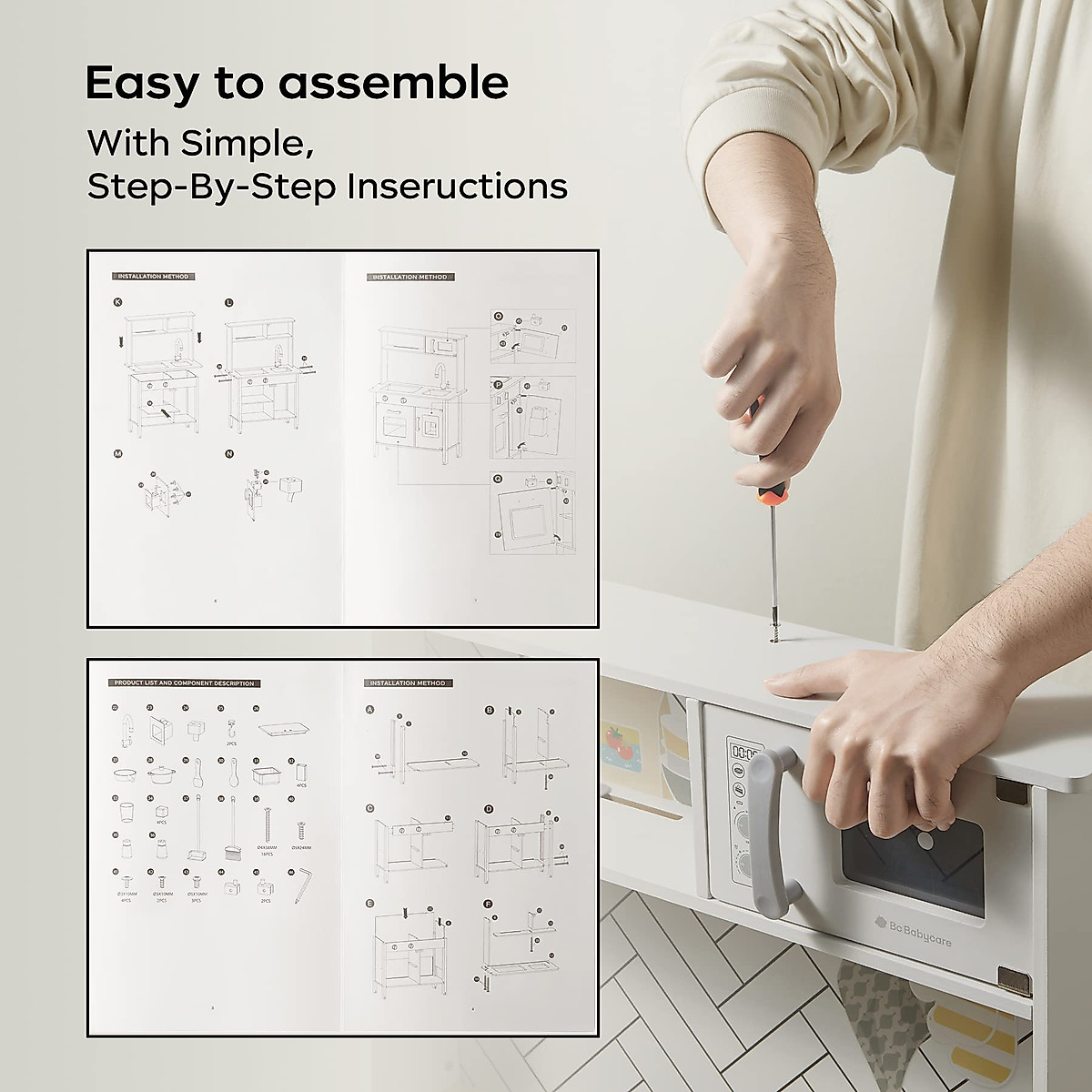 Bc Babycare Wooden Play Kitchen for Toddlers 1-3, Adjustable Kids Kitchen Playset for Age 4-6, Toy Kitchen with Realistic Design, Light & Sound, Ice Maker, Utensils, Oven, Sink