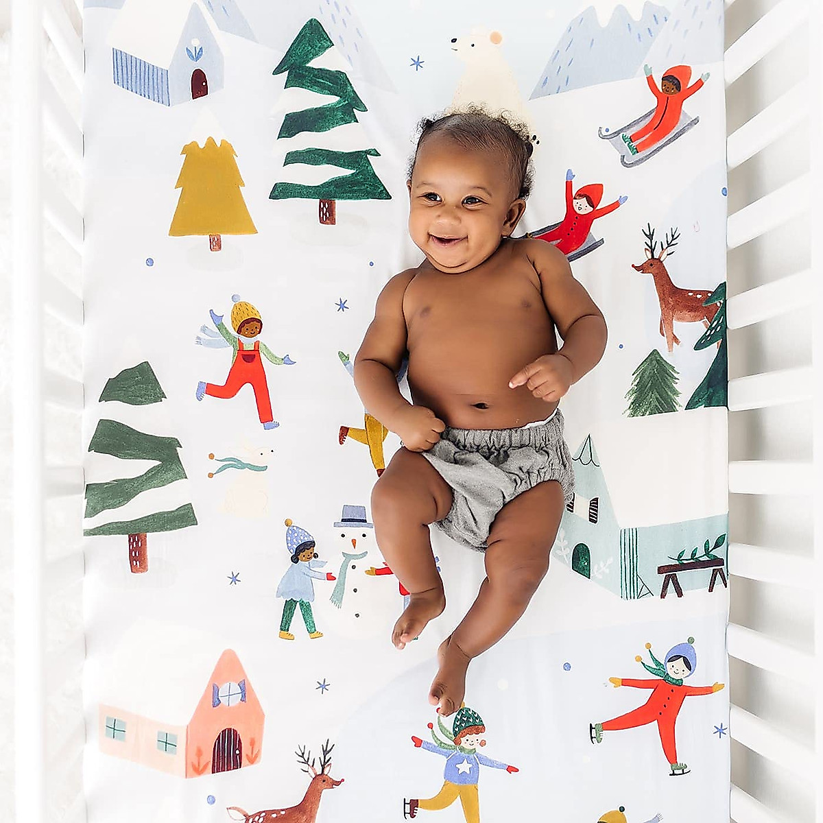 Rookie Humans 100% Cotton Sateen Fitted Crib Sheet: Snowy Day. Modern Nursery, Use as a Photo Background for Your Baby Pictures. Standard Crib Size (52 x 28 inches)