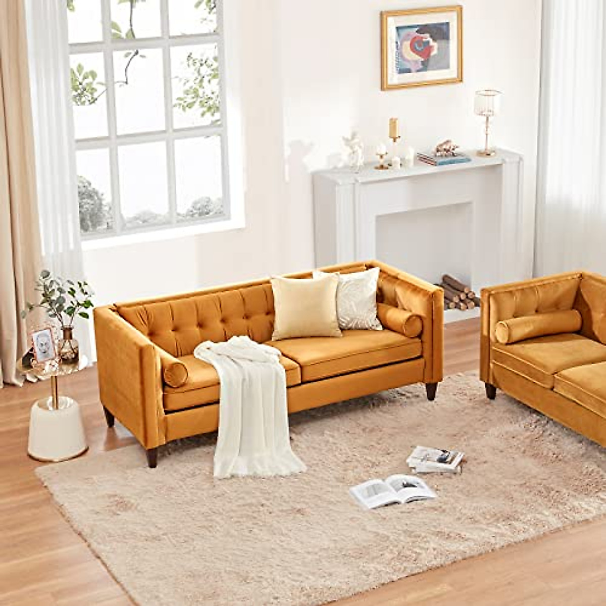 Dreamsir 78'' W Velvet Sofa, Mid-Century Love Seats Sofa Furniture with Bolster Pillows, Button Tufted Couch for Living Room, Tool-Free Assembly (Sofa, Ginger)