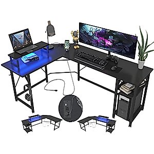 SZXKT L Shaped Computer Desk with Monitor Stand and Power Outlets,Gaming Desk with Storage Shelf and LED Lights,Home Office Reversible Corner with Hooks (Black)