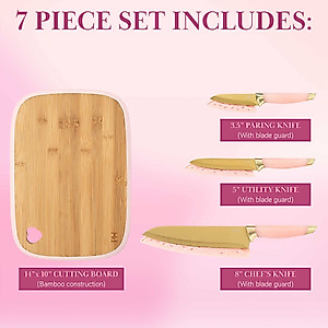 Paris Hilton Reversible Bamboo Cutting Board and Cutlery Set with Matching High Carbon Stainless Steel Knives, Blade Guards, Sleek Yet Comfortable Handle Grips, 7-Piece Set Gold, Pink