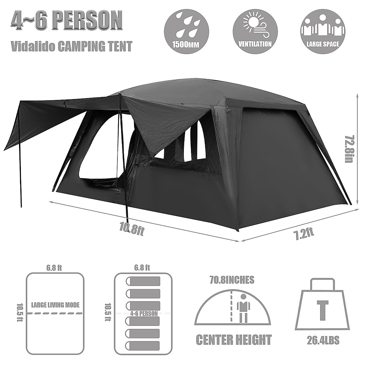 Vidalido 4-6 Person Camping Tent with 3 Door 2 Room Large Family Cabin Tents, Double Layer Waterproof Portable Glamping Tent, Big Tents for Outdoor Camping Hiking and Backpacking