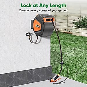 Retractable Garden Water Hose Reel Aihand 100ft x 1/2" Wall Mount Automatic Garden Hose Reels for Outside, Hose Reel Heavy Duty with 180° Swivel Bracket