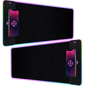 Macarrie 2 Pcs Charging Mouse Pad Cool Mouse Pad with 15w 31.5 x 11.8 x 0.2'' Fast Charging Extended Large LED Gaming Mousepad RGB Mouse Pad Non Slip Wireless Keyboard Pad for Office Desks
