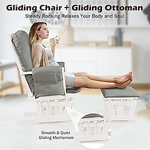 Costzon Glider and Ottoman Set, Wood Glider Rocker for Nursery, Upholstered Comfort Nursing Rocking Chair with Storage Pocket, Padded Armrests & Detachable Cushion, Easy to Assemble (Light Gray)