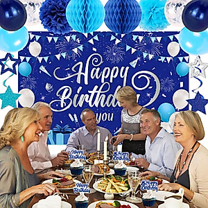 Blue Birthday Decorations, Happy Birthday Party Decorations for Men Women Boys Girls, Happy Birthday Backdrop, Banner, Balloons, Honeycomb Ball, Hanging Swirl, Star Card, Cake Topper, Pompoms 52pcs